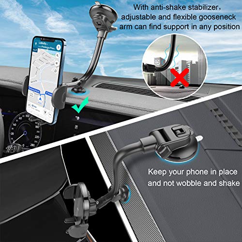 APPS2Car Cell Phone Holder for Car Phone Mount for Car Long Arm Dashboard Windshield Car Phone Holder Mount Strong Suction Cup Anti-Shake Stabilizer Phone Car Holder for All iPhone Android Smartphone