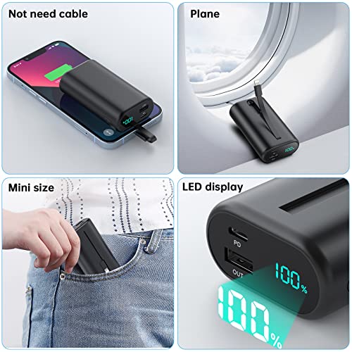 Portable Charger 10800mAh for iPhone,Small & Ultra-Compact 15W PD Fast Charging Power Bank ,LCD Display Battery Pack with Built-in-Cable Compatible with iPhone 14/14 Pro Max /13/12/X/XR/XS/8/7/6 etc