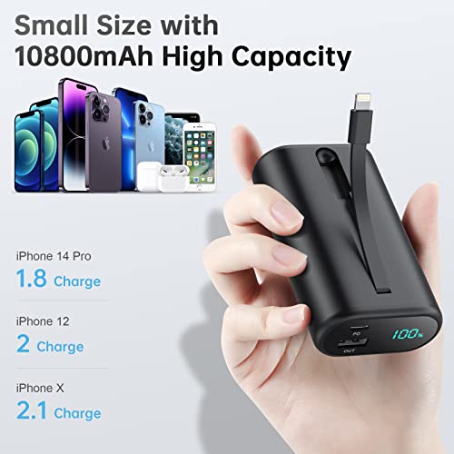 Portable Charger 10800mAh for iPhone,Small & Ultra-Compact 15W PD Fast Charging Power Bank ,LCD Display Battery Pack with Built-in-Cable Compatible with iPhone 14/14 Pro Max /13/12/X/XR/XS/8/7/6 etc