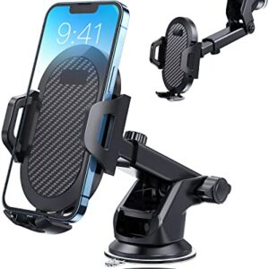 Madeggs Car Phone Holder Mount, [Strong Suction Cup] [Military Grade Durable] for Windshield and Dashboard, Adjustable Long Arm Compatible with iPhone 14 Pro Max and All Smartphones, Black