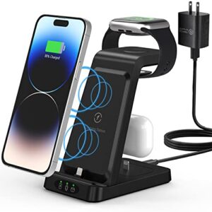 charger station for apple multiple devices, 3 in 1 fast wireless charging dock stand for apple watch 8 7 6 se 5 4 3 2 iphone 14 13 12 11 pro x max xs xr 8 7 plus 6s 6 airpods 1 2 3 pro with adapter