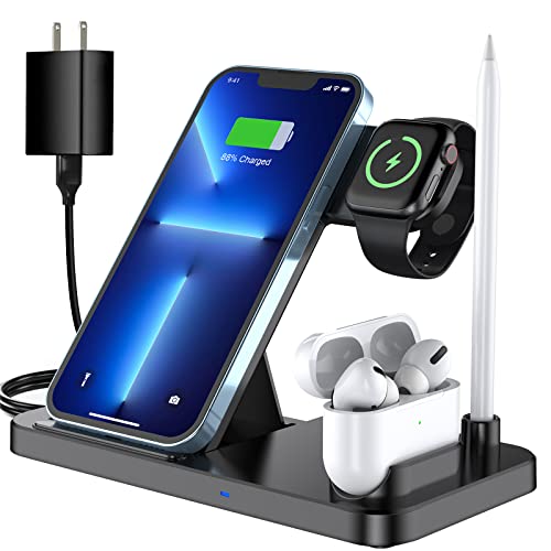 Wireless Charger, CANUVU 4 in 1 Foldable Fast Charging Station Compatible iWatch & AirPods & Apple Pencil, iPhone 14/13/12/11Series(Pro & Pro Max)/X/XS/XS/8, Android Phone(with QC3.0 Adapter)