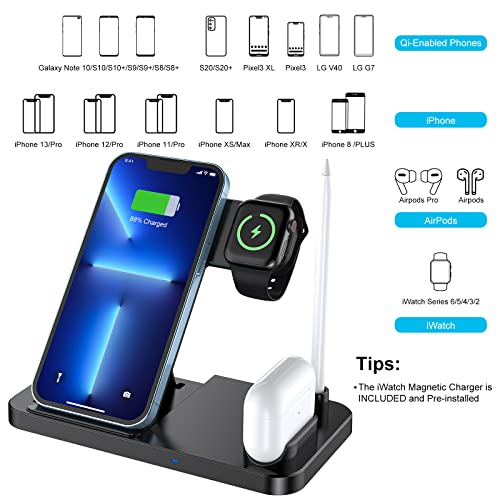 Wireless Charger, CANUVU 4 in 1 Foldable Fast Charging Station Compatible iWatch & AirPods & Apple Pencil, iPhone 14/13/12/11Series(Pro & Pro Max)/X/XS/XS/8, Android Phone(with QC3.0 Adapter)