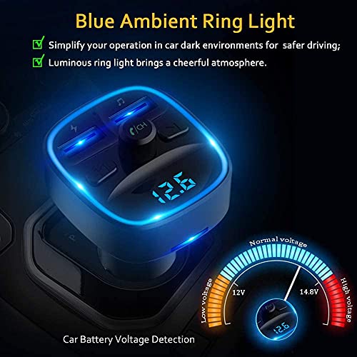 Bluetooth FM Transmitter for Car, Blue Ambient Ring Light Wireless Radio Car Receiver Adapter Kit with Hands-Free Calling, Dual USB Charger 5V/2.4A and 1A, Support SD Card, USB Disk (Black)