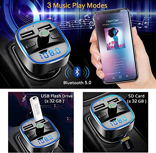 Bluetooth FM Transmitter for Car, Blue Ambient Ring Light Wireless Radio Car Receiver Adapter Kit with Hands-Free Calling, Dual USB Charger 5V/2.4A and 1A, Support SD Card, USB Disk (Black)