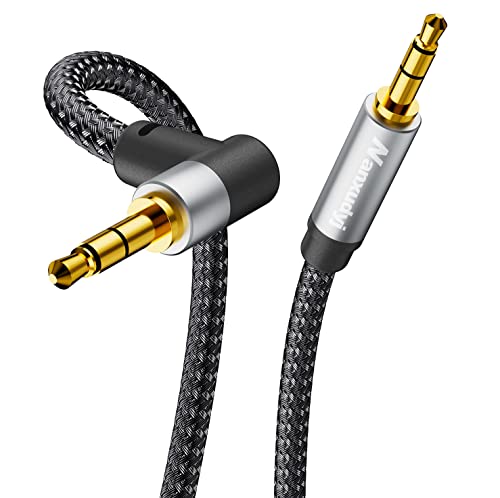 Nanxudyj aux Cord, 3.5mm Stereo Audio Cable 1ft, 90 Degree Short Aux Cable Aux 3.5mm Male to Male Right Angle TRS Cable Compatible for Headphone,Tablets, Speakers, 24K Gold Plated