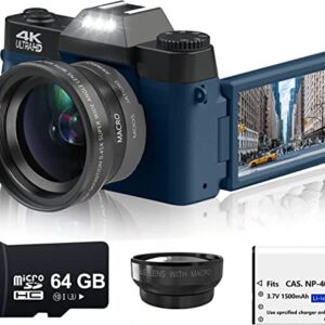 eDealz 4K 48MP Digital Camera for Photography, Vlogging Camera for YouTube with 3.0’’ 180° Flip Screen, WiFi, 16X Digital Zoom, Wide Angle & Macro Lens Rechargeable Battery, 64GB Micro SD Card (Navy)