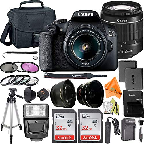 Canon EOS 2000D / Rebel T7 Digital SLR Camera 24.1MP with 18-55mm Zoom Lens + ZeeTech Accessory Bundle, 2 Pack SanDisk 32GB Memory Card, Telephoto and Wideangle Lenses, Flash, Tripod (Renewed)