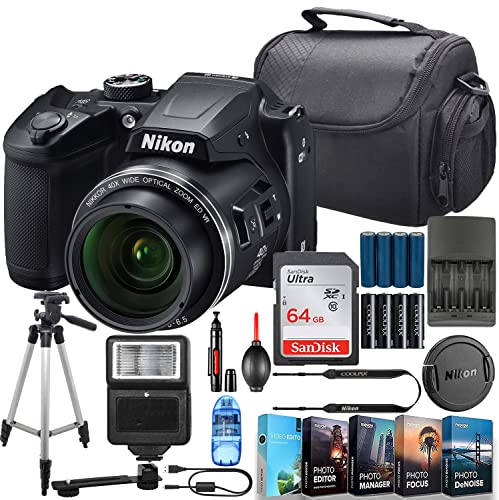 Nikon B500 Digital Camera (Black) with All-in-One Starter Bundle - Includes: SanDisk Ultra 64GB Memory Card, 4X Rechargeable AA Batteries, Camera Shoulder Case, Photo/Video Software, Flash & More