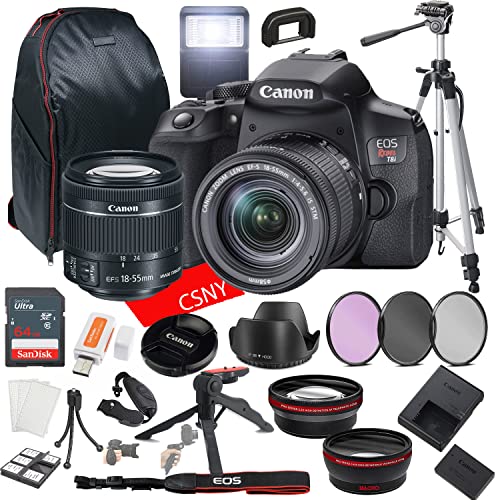 Canon EOS Rebel T8i DSLR Camera w/EF-S 18-55mm F/4-5.6 Zoom is STM Lens + 64GB Memory + Back Pack Case + Tripod, Lenses, Filters, & More (28pc Bundle)