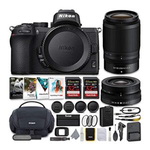 nikon z50 mirrorless camera with nikkor z 16-50 and 50-250mm vr lenses and 64gb card kit with deluxe accessory bundle (5 items)