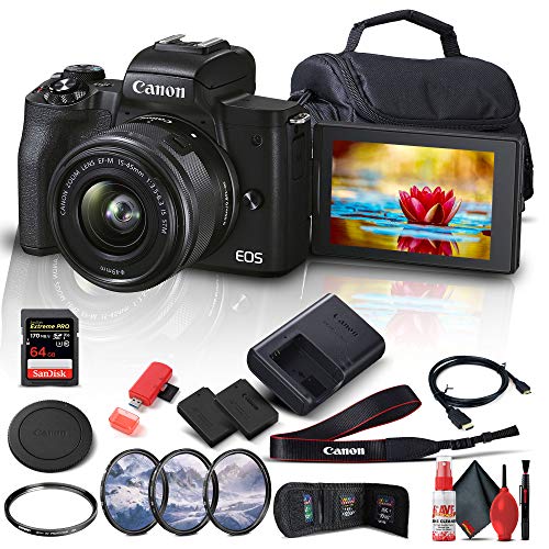 Canon EOS M50 Mark II Mirrorless Digital Camera with 15-45mm Lens (4728C006) + 64GB Extreme Pro Card + Extra LPE12 Battery + Case + UV Filter + Card Reader + 3 Piece Filter Kit + HDMI Cable + More