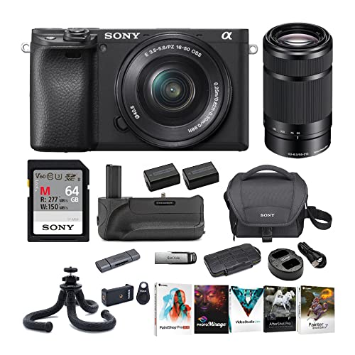 Sony Alpha a6400 Mirrorless Digital Camera with 16-50mm Lens (Black) Bundle with E-Mount Lens (Black), 64GB Memory Card, 32GB Flash Drive, Battery Grip, Rechargeable Battery and Charger (11 Items)