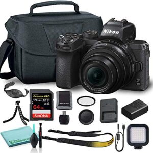 nikon z50 mirrorless digital camera with 16-50mm lens (1633) + camera bag + 46mm uv filter + sandisk 64gb extreme pro memory card + hand strap + portable led video light + more