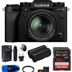 Fujifilm X-T5 Mirrorless Digital Camera with XF 18-55mm f/2.8-4 R LM OIS Lens Bundle, Includes: SanDisk 128GB Extreme PRO SDXC Memory Card, Spare Fujifilm NP-W235 Battery + More (7 Items) (Black)