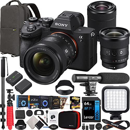 Sony a7 IV Full Frame Mirrorless Camera Body with 2 Lens Kit FE 20mm F1.8 G + 28-70mm F3.5-5.6 ILCE-7M4K/B + SEL20F18G Bundle w/Deco Gear Backpack + Monopod + Extra Battery, LED and Accessories