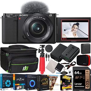 sony zv-e10 mirrorless alpha aps-c vlog camera body and 16-50mm f3.5-5.6 zoom lens ilczv-e10l/b black bundle with deco gear photography case + extra battery + photo video software & accessories kit