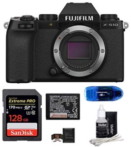 fujifilm x-s10 mirrorless digital camera body bundle, includes: sandisk 128gb extreme pro memory card, spare fujifilm battery, card reader, memory card wallet and lens cleaning kit (6 items)