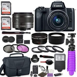 canon eos m50 mirrorless digital camera (black) premium accessory bundle with ef-m 15-45mm is stm lens (graphite) + gadget case + 64gb memory + hd filters + auxiliary lenses