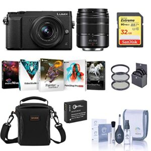 panasonic lumix dmc-gx85 mirrorless camera, black, with 12-32mm and 45-150mm lens bundle with bag, 32gb sd card, filter kit, extra battery and accessories