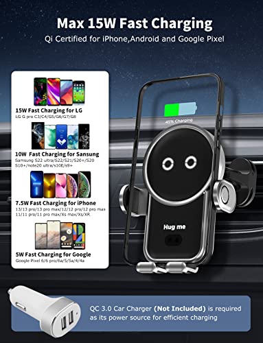 BENBOAR Car Wireless Charger Holder, [Hug me] Astronaut Car Phone Holder Mount, 15W Charging Smart Sensor Auto-Clamping Phone Mount for Car Air Vent for iPhone Samsung Google LG etc Smartphone, Silver