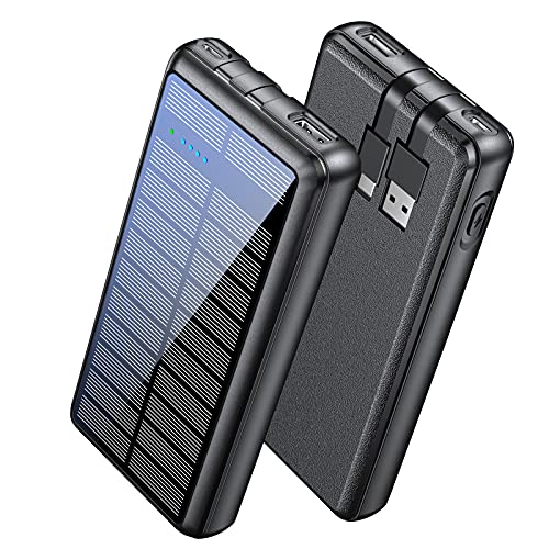 Portable Charger 36800mAh, LENGSUM Power Bank Solar Charger with 2 Output Ports, Built-in 2 Durable Cables, External Battery Pack for Cellphone and Tablet