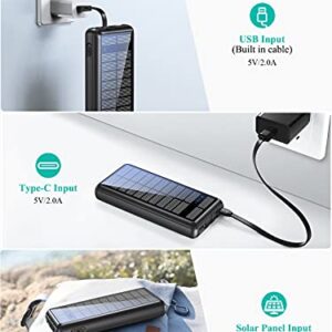 Portable Charger 36800mAh, LENGSUM Power Bank Solar Charger with 2 Output Ports, Built-in 2 Durable Cables, External Battery Pack for Cellphone and Tablet