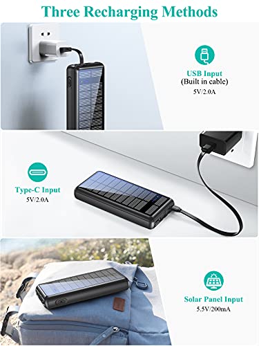 Portable Charger 36800mAh, LENGSUM Power Bank Solar Charger with 2 Output Ports, Built-in 2 Durable Cables, External Battery Pack for Cellphone and Tablet