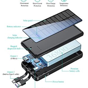 Portable Charger 36800mAh, LENGSUM Power Bank Solar Charger with 2 Output Ports, Built-in 2 Durable Cables, External Battery Pack for Cellphone and Tablet