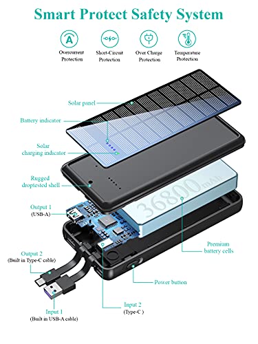 Portable Charger 36800mAh, LENGSUM Power Bank Solar Charger with 2 Output Ports, Built-in 2 Durable Cables, External Battery Pack for Cellphone and Tablet