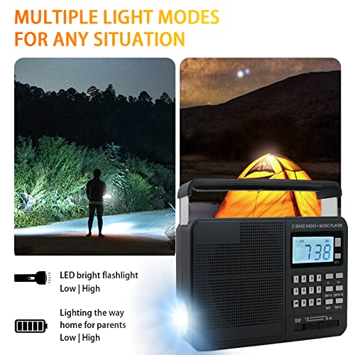 AM FM Portable Radio-PANASEN Rechargeable Radio Portable AM/FM SW Flashlight 21 Band Shortwave Radios Large LCD Screen USB Speaker MP3 Player Walkman Support TF Card Desk Radio & Office Radio