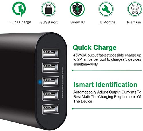 USB Car Charger Multiple Ports, 45W 5-Ports Quick Charge Car Charger Adapter,12V-24V Cigarette Lighter Adapter Multi USB Auto Splitter Fast Charging for iPhone & Android,Samsung Galaxy S10 S9 Plus