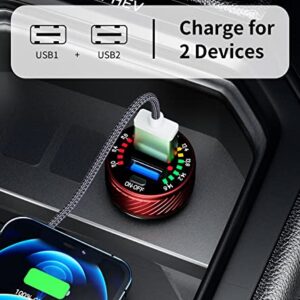 KEWIG Fast Car Charger, Dual QC3.0 Port USB Car Charger, 36W Quick Charge Car Phone Charger Adapter with Colorful Voltmeter & ON/Off Switch Fit for iPhone 13/12/11 Pro/Max/8, Galaxy S21/20 (Red)