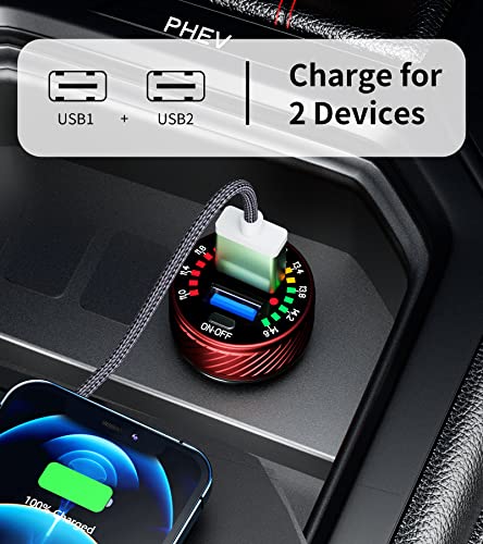 KEWIG Fast Car Charger, Dual QC3.0 Port USB Car Charger, 36W Quick Charge Car Phone Charger Adapter with Colorful Voltmeter & ON/Off Switch Fit for iPhone 13/12/11 Pro/Max/8, Galaxy S21/20 (Red)