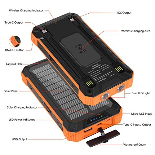 Solar Charger 30000mAh Qi Wireless Solar Power Bank Built in 2 Cables Portable Charger with LED Flashlight for iOS/Android Cell Phone Tablet and Outdoor Camping for Cell Phone