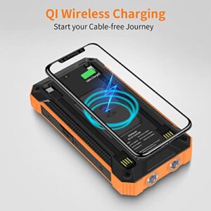 Solar Charger 30000mAh Qi Wireless Solar Power Bank Built in 2 Cables Portable Charger with LED Flashlight for iOS/Android Cell Phone Tablet and Outdoor Camping for Cell Phone