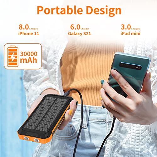 Solar Charger 30000mAh Qi Wireless Solar Power Bank Built in 2 Cables Portable Charger with LED Flashlight for iOS/Android Cell Phone Tablet and Outdoor Camping for Cell Phone