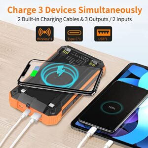 Solar Charger 30000mAh Qi Wireless Solar Power Bank Built in 2 Cables Portable Charger with LED Flashlight for iOS/Android Cell Phone Tablet and Outdoor Camping for Cell Phone