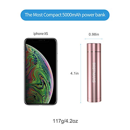 The Smallest 5000mAh Mini Power Bank, Lipstick-sized 2.4A Output Slim Portable Charger USB-C Charging Battery Pack Compatible with iPhone 11 X XS MAX XR 8 7 6s plus iPad Samsung Galaxy Cell Phone Pink