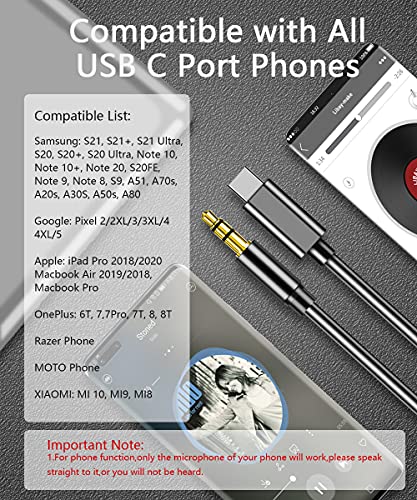 USB C to 3.5mm Audio Aux Cable, USB C to 3.5mm Headphone Audio Stereo Cord Car Aux Cable Compatible with Google Pixel 7/7Pro/6/5/4/4XL/3XL, Galaxy S23/S23 Ultra/S22+/S21/S21+/S21FE/Note 20/Note 10+