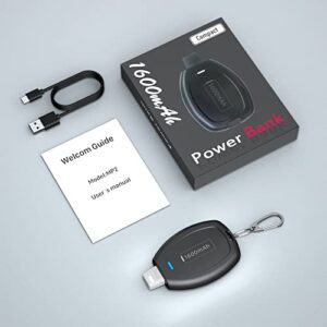 HUAENG Keychain Portable Charger Power Bank for iPhone 14 13 8 7, Airpods, 1600mAh Mini iPhone Power Emergency Pod Ultra-Compact External Fast Charging Battery Pack Key Ring Cell Phone Charger -Black