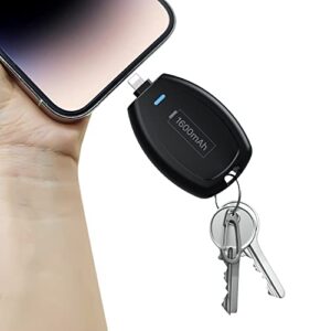 huaeng keychain portable charger power bank for iphone 14 13 8 7, airpods, 1600mah mini iphone power emergency pod ultra-compact external fast charging battery pack key ring cell phone charger -black