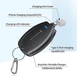 HUAENG Keychain Portable Charger Power Bank for iPhone 14 13 8 7, Airpods, 1600mAh Mini iPhone Power Emergency Pod Ultra-Compact External Fast Charging Battery Pack Key Ring Cell Phone Charger -Black