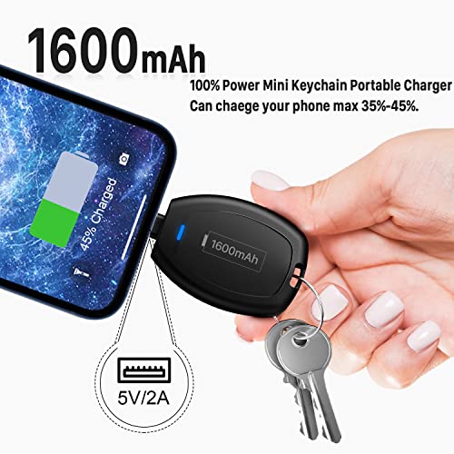 HUAENG Keychain Portable Charger Power Bank for iPhone 14 13 8 7, Airpods, 1600mAh Mini iPhone Power Emergency Pod Ultra-Compact External Fast Charging Battery Pack Key Ring Cell Phone Charger -Black