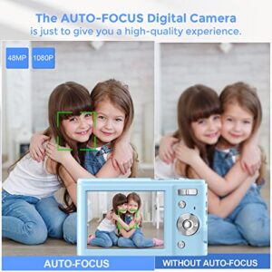 Digital Camera, RUAHETIL Autofocus FHD 1080P 48MP Kids Vlogging Camera with 32GB Memory Card, 2 Charging Modes 16X Zoom Compact Camera Point and Shoot Camera for Kids Teens (Light Blue)