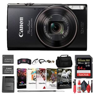 canon powershot elph 360 hs digital camera (black) (1075c001) + 64gb memory card + nb11l battery + case + charger + card reader + corel photo software + hdmi cable + flex tripod + more (renewed)