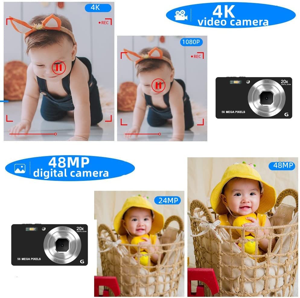 Digital Camera, 4K 56MP Camera for Kids, Small Digital Camera, 20X Digital Zoom Pocket Camera