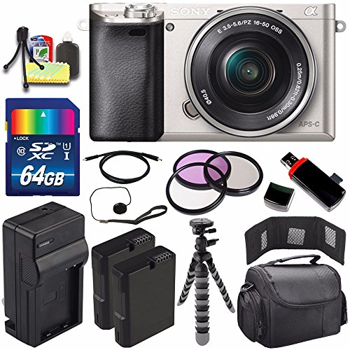 Sony Alpha a6000 Mirrorless Digital Camera with 16-50mm Lens (Silver) + Battery + Charger + 64GB Bundle 6 - International Version (No Warranty)