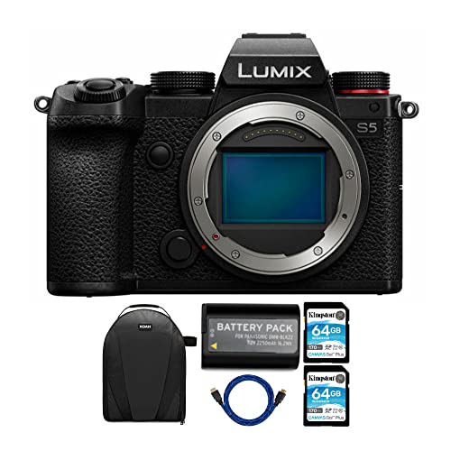 Panasonic LUMIX S5 4K Mirrorless Full-Frame L-Mount Camera (Body Only) with Sling Camera Bag, Battery Pack, 64GB SD Cards and HDMI Cable Bundle (6 Items)