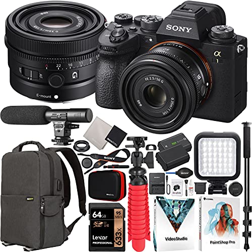 Sony Alpha 1 Full Frame Mirrorless Camera Body + 50mm F2.5 G FE Ultra-Compact G Lens for E-Mount SEL50F25G ILCE-1/B Bundle with Deco Gear Backpack + Microphone + LED + Monopod and Accessories Kit